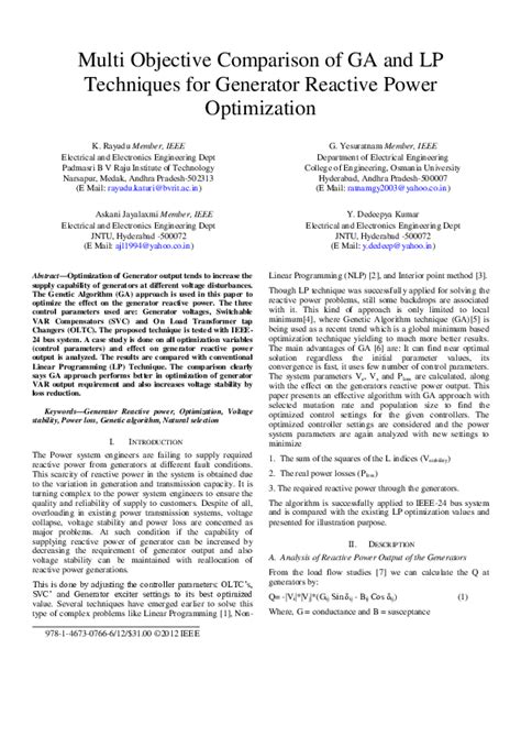 Pdf Multi Objective Comparison Of Ga And Lp Techniques For Generator Reactive Power Optimization