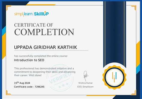 completed seo certification with simplilearn uppada giridhar karthik