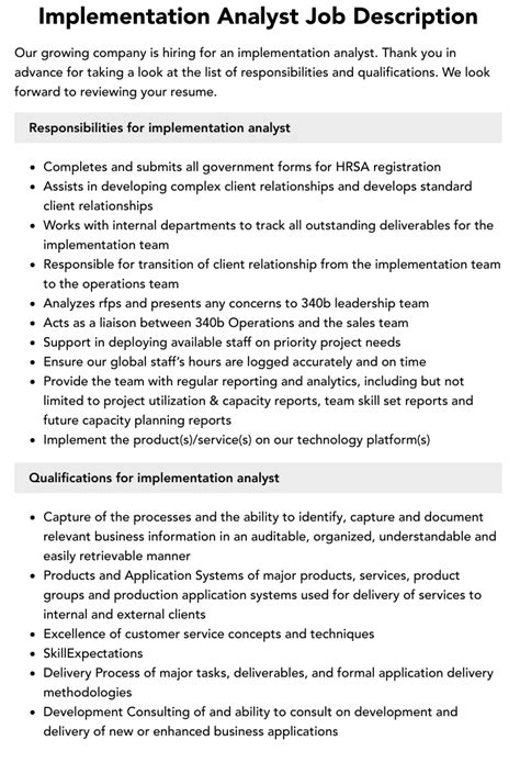 Implementation Analyst Job Description Velvet Jobs