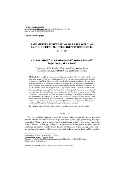 Pdf Parameters Forecasting Of Laser Welding By The Artificial