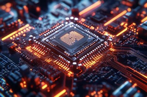 Detailed Close Up Of A Glowing Microchip Embedded In A Complex Circuit