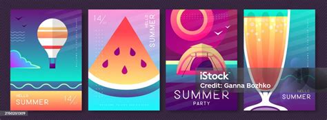 여름 속성을 가진 형광 여름 포스터 세트입니다 칵테일 실루엣 데킬라 선라이즈 열기구 수박과 캠프 벡터 일러스트 레이 션 수박에