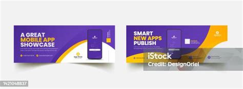 모바일 앱 프로모션 소셜 미디어 게시물 표지 및 웹 배너 템플릿 파란색과 노란색 배경색 웹 인터넷 광고 디자인에 대한 스톡 벡터 아트 및 기타 이미지 Istock