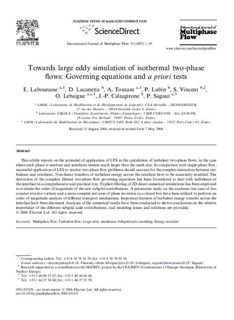 Pdf Towards Large Eddy Simulation Of Isothermal Two Phase Flows