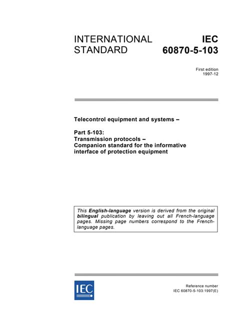 Iec 60870 5 103 1997 Telecontrol Equipment And Systems Part 5 103 Transmission Protocols