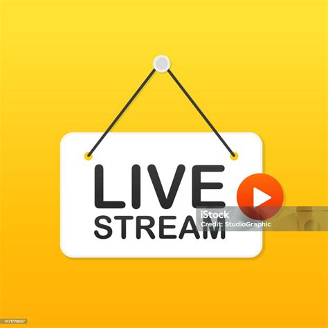 비문이 새겨진 평면 간판 라이브 스트림 흰색 배너 및 광고 기호 템플릿을 매달고 있습니다 인터넷 방송 온라인 회의 원격 통신 원격 작업 벡터 그림 세미나에 대한 스톡 벡터