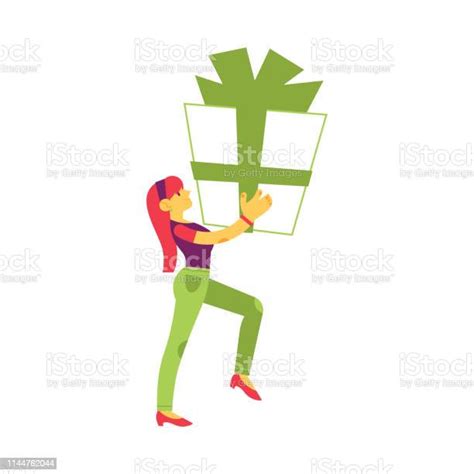 벡터 일러스트 레이 션 큰 포장 된 선물 상자를 들고 웃는 여자의 공휴일에 대한 스톡 벡터 아트 및 기타 이미지 공휴일