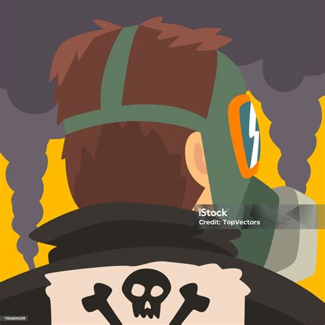 미세 먼지 산업 스모그 산업 조 경 및 구름의 배경에 있는 사람 연기 벡터 일러스트 레이 션에서 고통 받는 보호 마스크를 착용 하는 남자 개념에 대한 스톡 벡터 아트 및