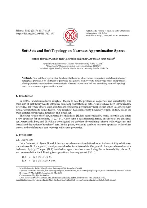 Pdf Soft Sets And Soft Topology On Nearness Approximation Spaces