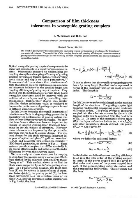 Pdf Comparison Of Film Thickness Tolerances In Waveguide Grating