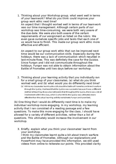 Workshop Reflection Worksho Pnotes 1 Thinking About Your Workshop