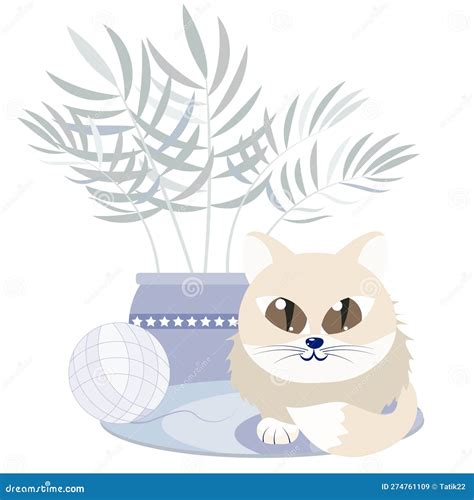 Ball Of Wool And A Cat Next To A Flower In A Pot Stock Vector Illustration Of White Mammal