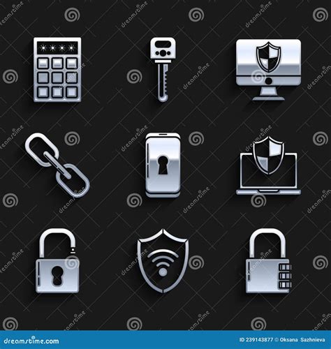 Set Smartphone With Lock Safe Combination Laptop Protected Shield Open Padlock Chain Link