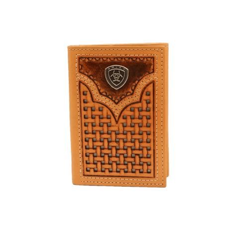 Ariat Mens Basket Weave Pierced Shield Trifold Brown Wallet Quality