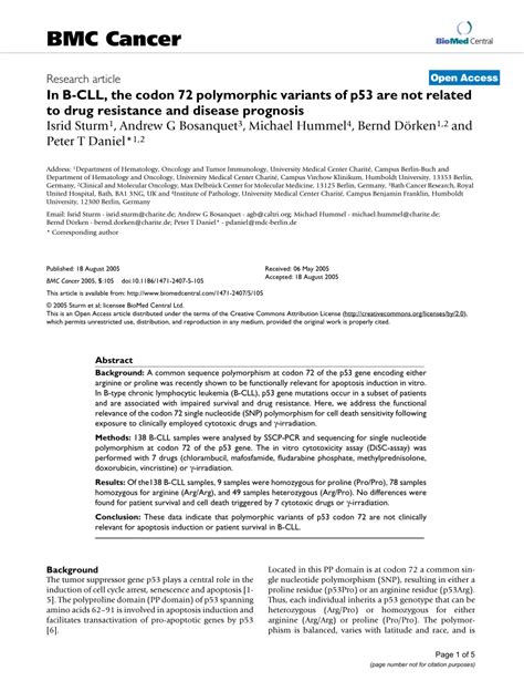 Pdf In B Cll The Codon 72 Polymorphic Variants Of P53 Are Not