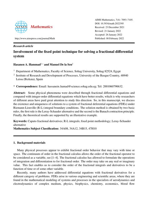 Pdf Involvement Of The Fixed Point Technique For Solving A Fractional Differential System