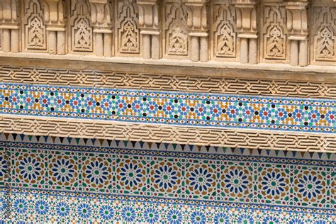 Morocco Brightly Colored Zellige Ceramic Tiles Decorate A Wall Along