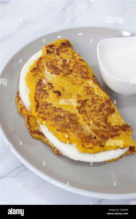 Close Up Cachapa With Cheese Typical Venezuelan Dish Made With Corn Cheese And Butter Stock