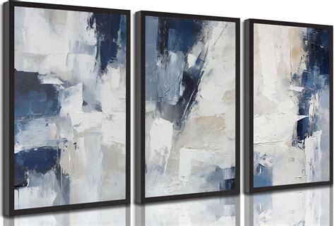 3pcs Navy Blue Abstract Canvas Wall Art Modern Minimalist