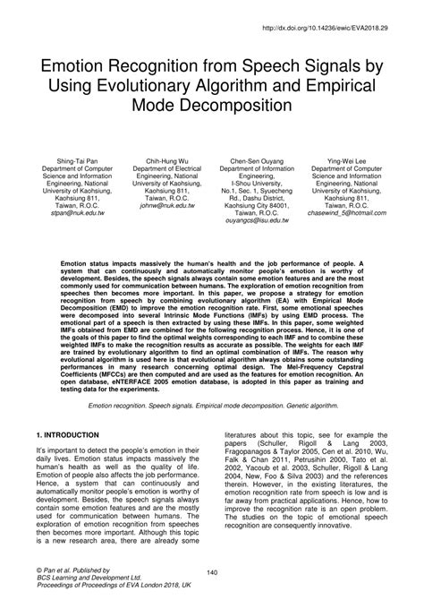Pdf Emotion Recognition From Speech Signals By Using Evolutionary Algorithm And Empirical Mode