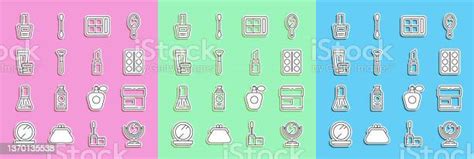 세트 라인 라운드 메이크업 미러 크림 로션 화장품 튜브 아이 섀도우 팔레트 메이크업 브러쉬 매니큐어 병 과 립스틱 아이콘 벡터 3월에 대한 스톡 벡터 아트 및 기타 이미지