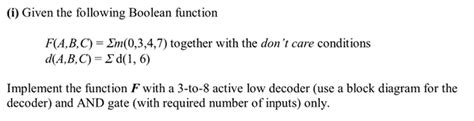 Solved I Given The Following Boolean Function F A B C Chegg