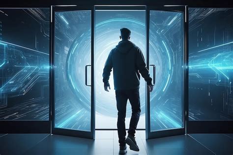 Blurred Man Steps Into Future Door Moving Forward To Metaverse New