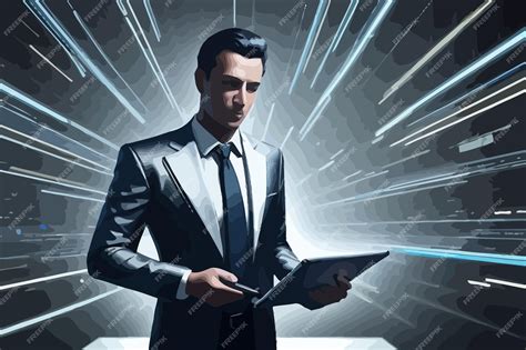 Premium Vector Businessman Using Tablet In The Style Of Digital Human