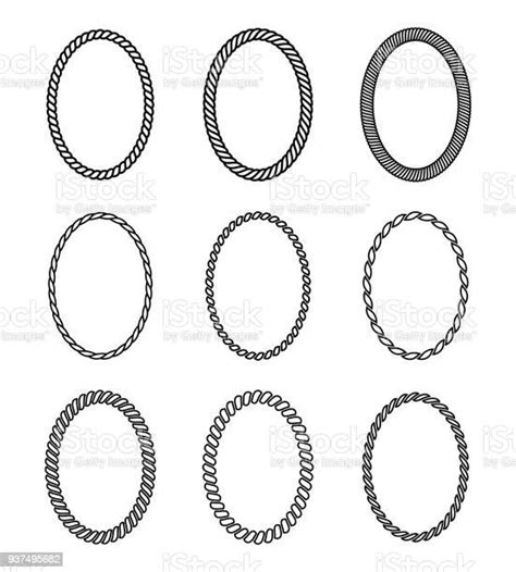 타원형 프레임의 벡터 로프 세트입니다 두껍고 얇은 테두리 꼰된 코드와 문자열의 구성 된 흰색 배경에 고립의 컬렉션입니다 장식 및