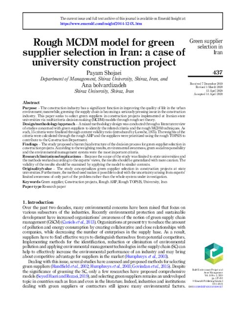 Pdf Rough Mcdm Model For Green Supplier Selection In Iran A Case Of University Construction