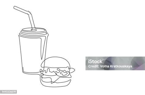 햄버거와 소다 패스트 푸드 연속적인 한 라인 아트 드로잉 스타일 길거리 음식 세트입니다 한 줄 테이크 아웃 정크 푸드 선형