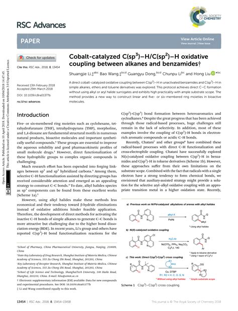 Pdf Cobalt Catalyzed Csp 3 Hcsp 2 H Oxidative Coupling Between Alkanes And Benzamides