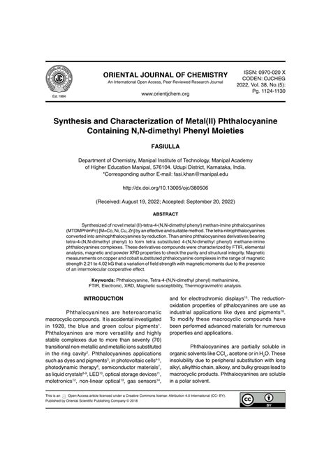 Pdf Synthesis And Characterization Of Metal Ii Phthalocyanine Containing N N Dimethyl