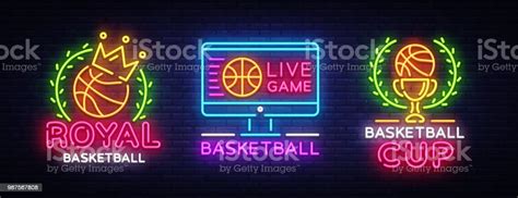 농구의 네온 로고 컬렉션 벡터입니다 농구 네온 사인 디자인 템플릿 현대 동향 디자인 스포츠 네온 간판 밤 밝은 광고 라이트 배너 조명 예술 벡터 일러스트 레이 션