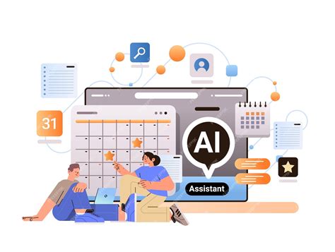 개인 Ai 일정 도우미 온라인 서비스 작업 관리 인공 지능 지원 가로 복사 공간 벡터 일러스트와 함께 컴퓨터 앱을 사용하는 기업인 프리미엄 벡터