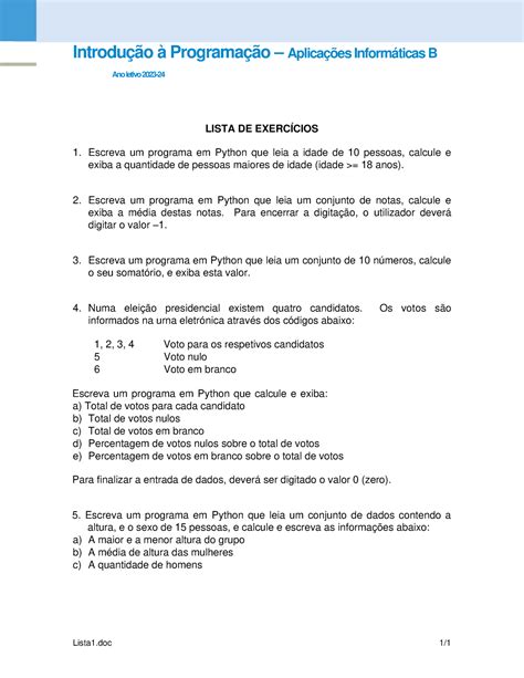 lista exercicios python introdução à programação aplicações