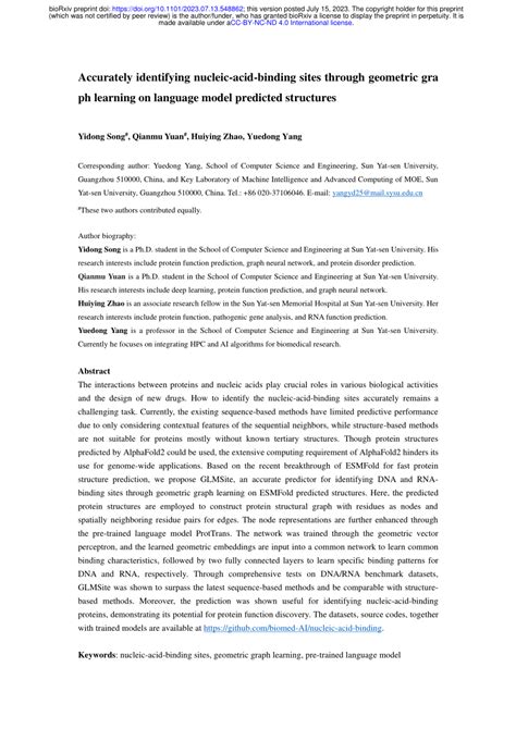 Pdf Accurately Identifying Nucleic Acid Binding Sites Through Geometric Graph Learning On