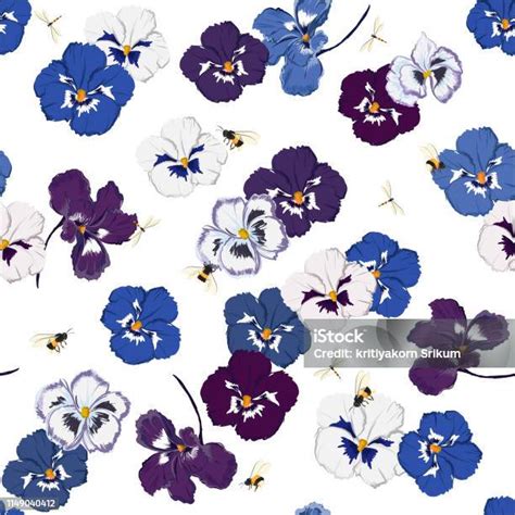 잠자리와 꿀벌 패션 직물 웹 벽지 및 모든 인쇄를 위한 디자인을 가진 벡터 팬 지 꽃에 있는 유행 다채로운 이음새가 없는 패턴 벡터에 대한 스톡 벡터 아트 및 기타 이미지