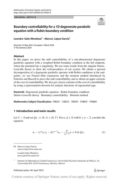 Pdf Boundary Controllability For A 1d Degenerate Parabolic Equation With A Robin Boundary