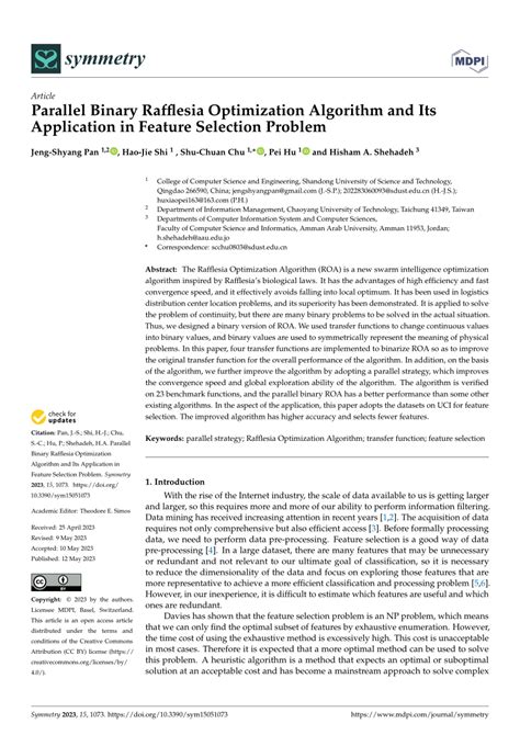 Pdf Parallel Binary Rafflesia Optimization Algorithm And Its Application In Feature Selection
