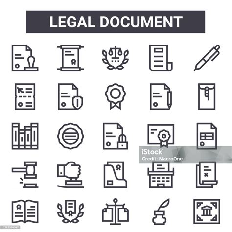 법적 문서 개요 아이콘 집합입니다 허가 비자 졸업장 타자기 잉크웰 법적 법적 문서 씰과 같은 얇은 라인 아이콘이 포함되어