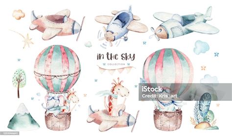 수채화 세트 아기 만화 귀여운 파일럿 항공 배경 그림 비행기 풍선 구름완료 멋진 하늘 수송의 그림 유치한 소년 패턴 베이비 샤워 일러스트레이션입니다 비행기에 대한 스톡 벡터