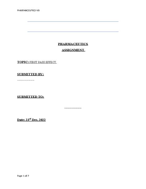 First Pass Effect Pharmaceutics Assignment Topic First Pass Effect