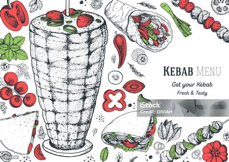 도너 케밥 요리와 케밥 스케치 일러스트에 대한 재료 아랍 요리 프레임 패스트 푸드 메뉴 디자인 요소 샤와르마 핸드 그린 프레임 중동 음식 도뇌르 케밥에 대한 스톡 벡터 아트