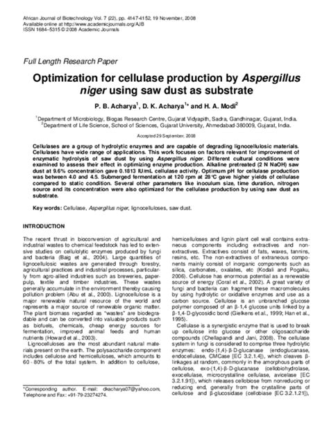 Pdf Optimization For Cellulase Production By Aspergillus Niger Using Saw Dust As Substrate