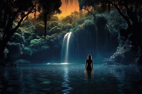 Premium AI Image Waterfall Bathed In The Soft Glow Of Moonlight