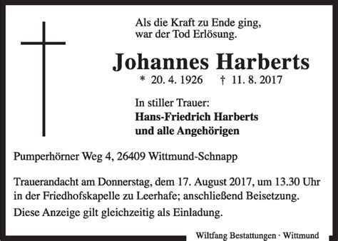Traueranzeigen Von Johannes Harberts Nordwest Trauer De