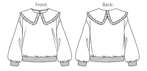 벡터 긴 소매 대형 톱 패션 Cad 목걸이와 프릴 세부 스웨트 셔츠 기술 도면 템플릿 모의 플랫과 여성 Boxy 모양 양털 스웨트 셔츠 전면 후면보기 흰색 색상 겨울에 대한