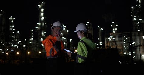 야간 근무 산업 엔지니어링 팀은 안전 장비 슈트를 착용한 채 정유 공장에서 근무를 시작하기 전에 디지털 태블릿을 사용하여 계획을 논의합니다 2명에 대한 스톡 사진 및 기타