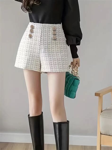 버튼 장식이 있는 솔리드 하이 웨스트 반바지 빈티지 우아한 반바지 여성 의류 Temu Republic Of Korea